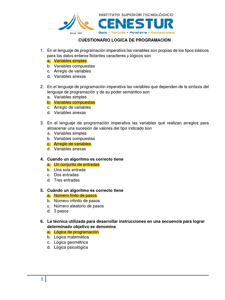 Cuestionario Logica de Programacion para Herramientas Digitales Incompleto | PDF | Lenguaje de ...