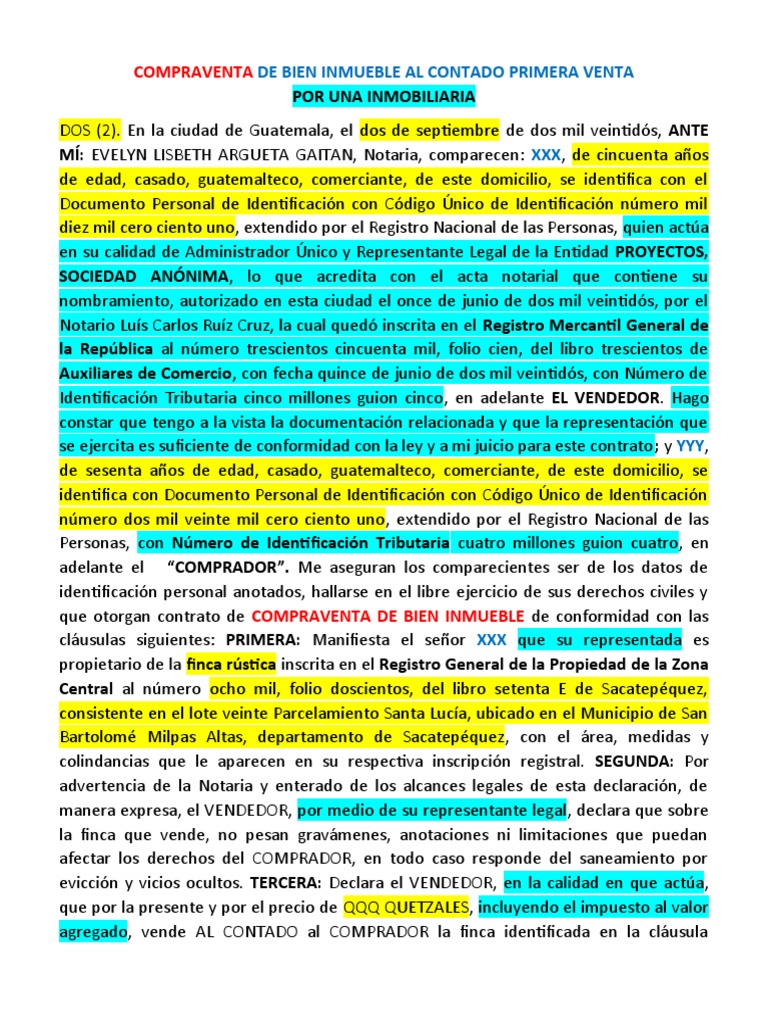 Compraventa Inmueble al Contado en Guatemala | PDF | Derecho Civil ...