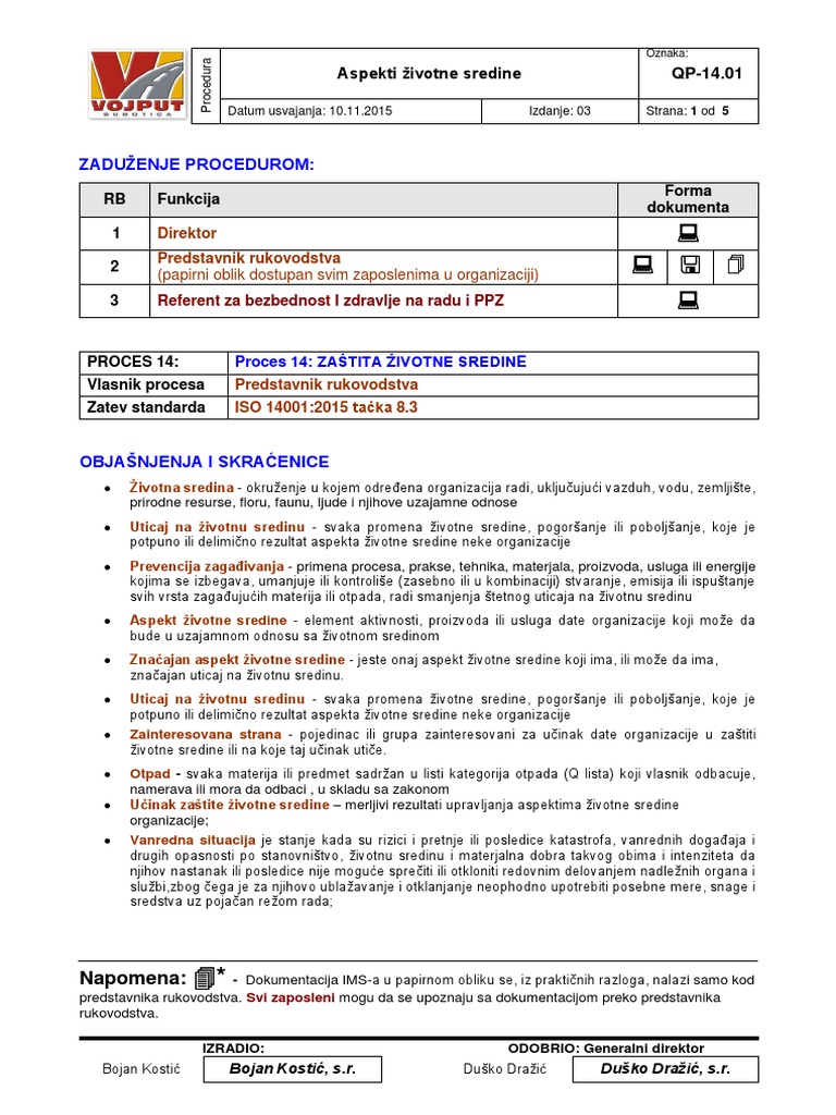 VOJPUTQP 14.01 03 Aspekti Zivotne Sredine | PDF