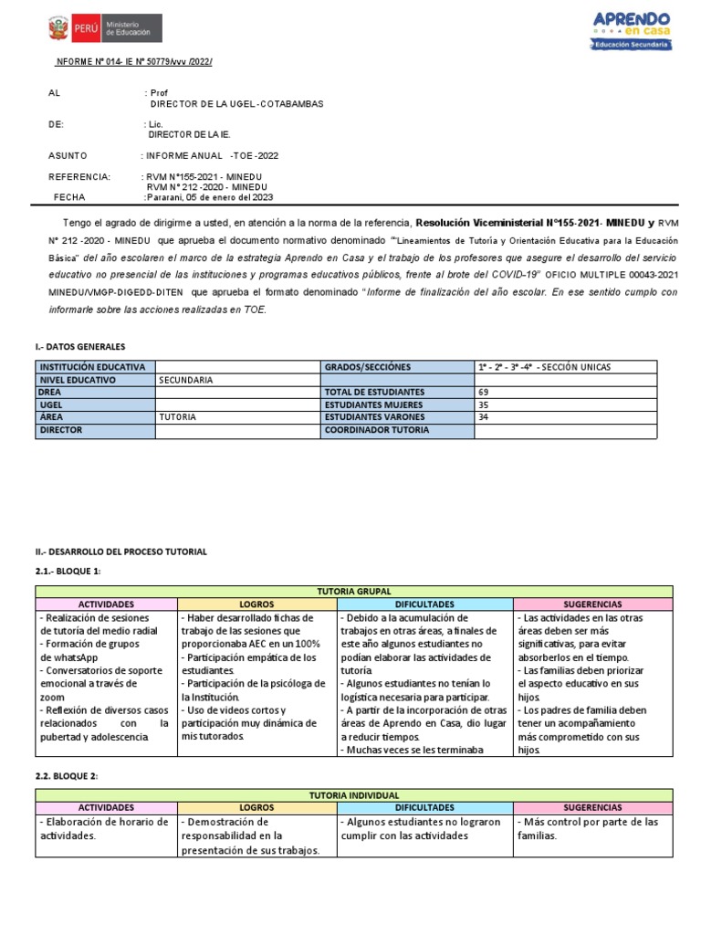 Informe Final de Tutoria 2021 | PDF | Comunicación | Aprendizaje