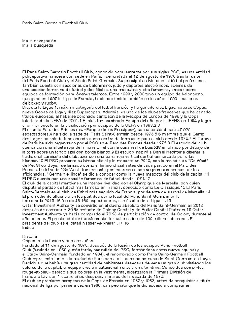 Historia y evolución del club de fútbol Paris Saint-Germain | PDF ...