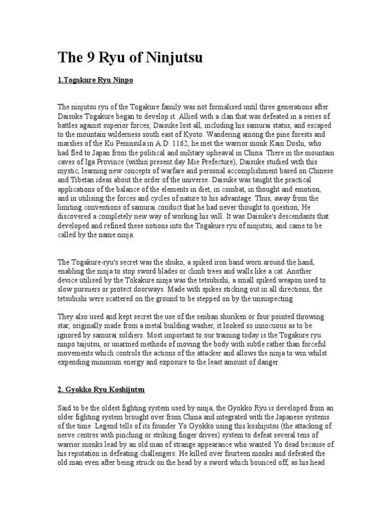 The 9 Ryu of Ninjutsu | PDF | East Asian Martial Arts | Japanese Martial Arts