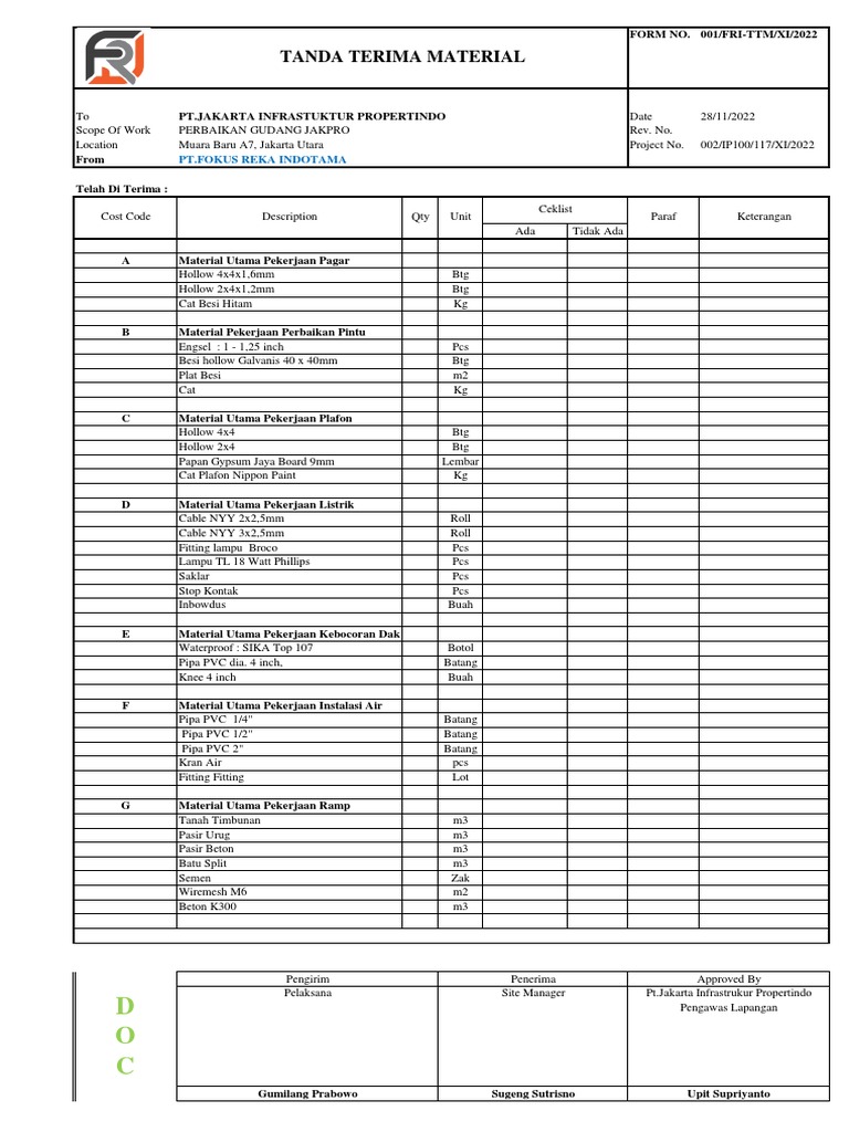 Form Tanda Terima Material | PDF