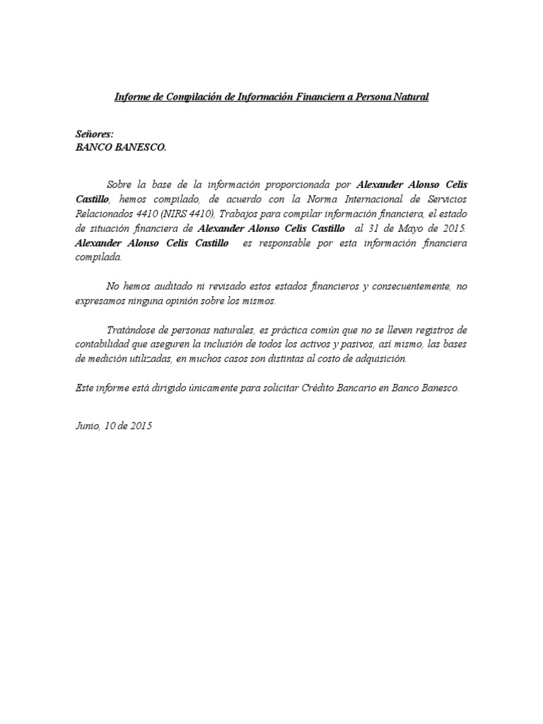 Informe de Compilación de Información Financiera A Persona Natural | PDF