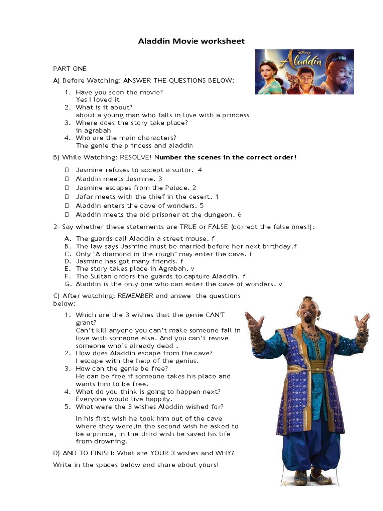 Aladdin Movie Worksheet and Activities | PDF | Mystery, Thriller ...