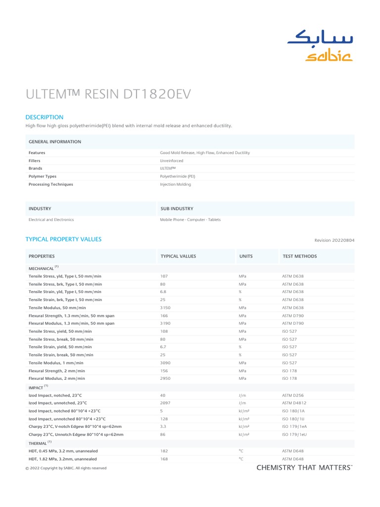 ULTEM™ Resin - DT1820EV - Global - Technical - Data - Sheet | PDF | Ultimate Tensile Strength ...