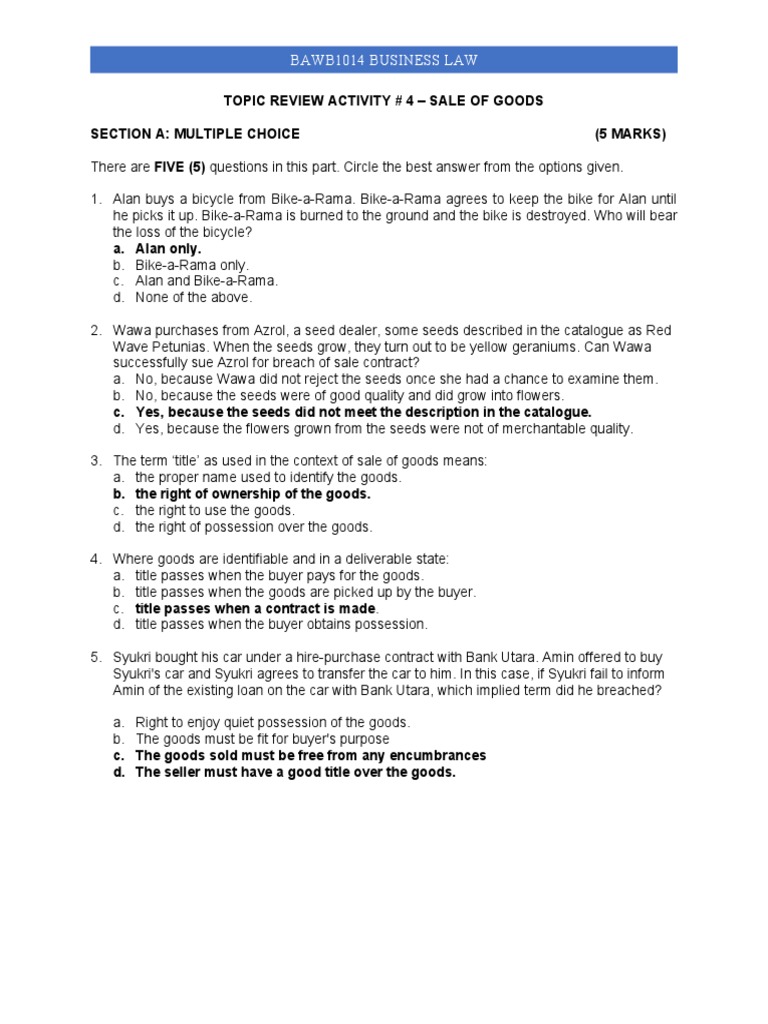 TRA 4 - SALE OF GOODS - Answer Outline | PDF | Business | Private Law