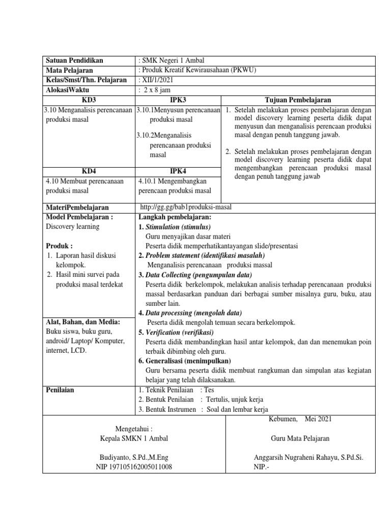 RPP 3.10 Produk Kreatif Kewirausahaan | PDF