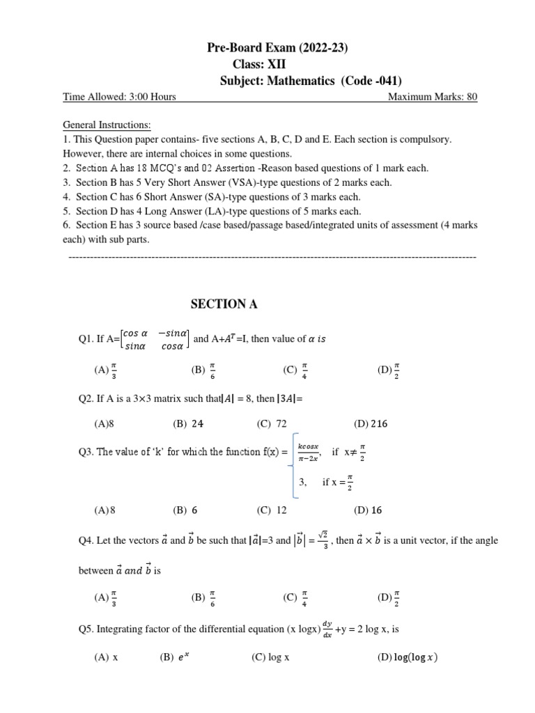 Mathematics Pre-Board Exam for Class XII: Detailed Instructions and Section A Questions | PDF ...