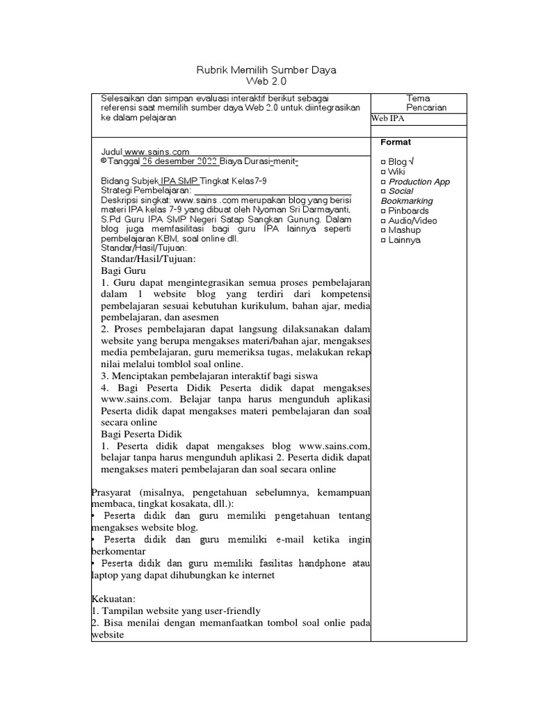 Rubrik Memilih Sumber Daya Web 2 | PDF | Karier & Perkembangan | Seni