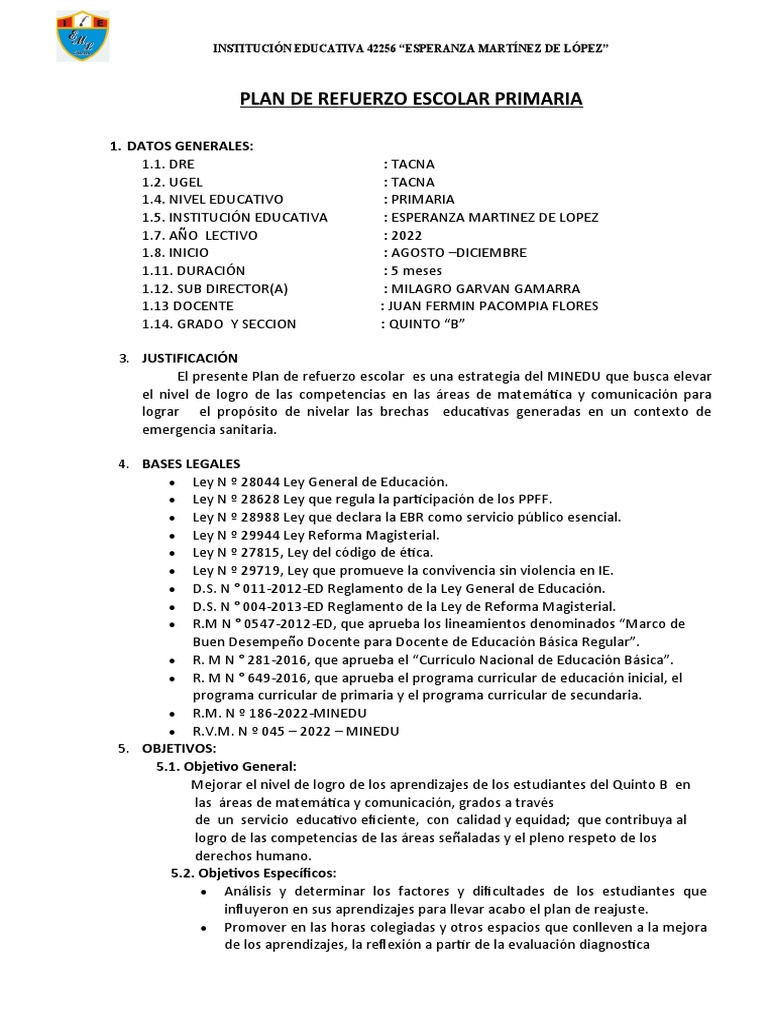 Plan Del Refuerzo Escolar de 5to B | PDF | Evaluación