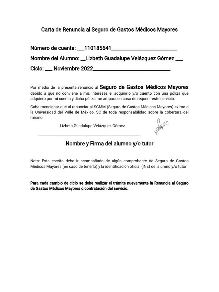 Anexo 2. Carta de Renuncia Al Seguro de Gastos Médicos Mayores | PDF