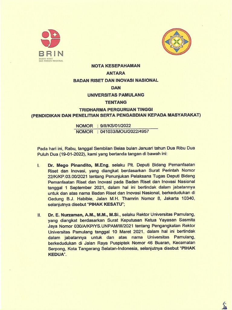 MoU Unpam Brin | PDF