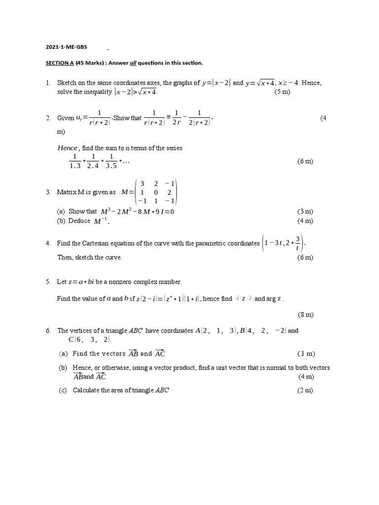 2021-1-Me-Gbs (Q&a) | PDF | Matrix (Mathematics) | Euclidean Vector