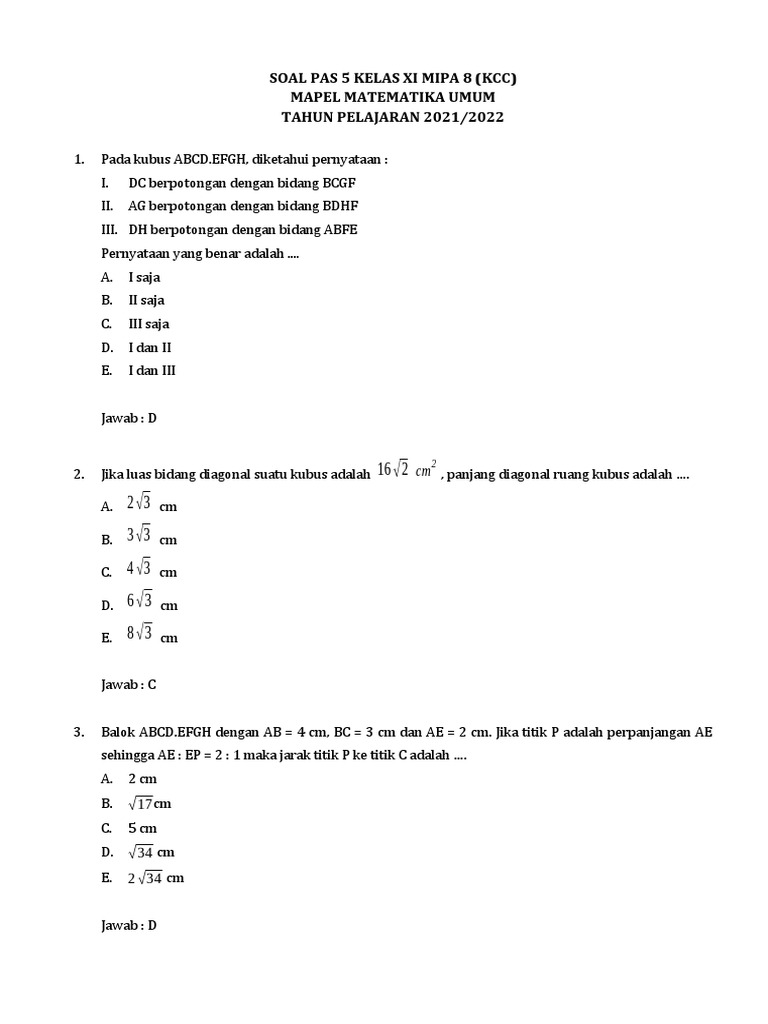 48 Soal Pas 5 Kelas Xi Mipa 8 Mat Wajib 2021 - 2022 | PDF