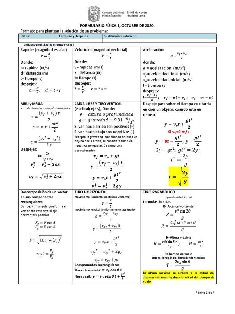 1-Formulario Fisica 1 Enmschl-Octubre 2020 | PDF | Velocidad | Cantidad