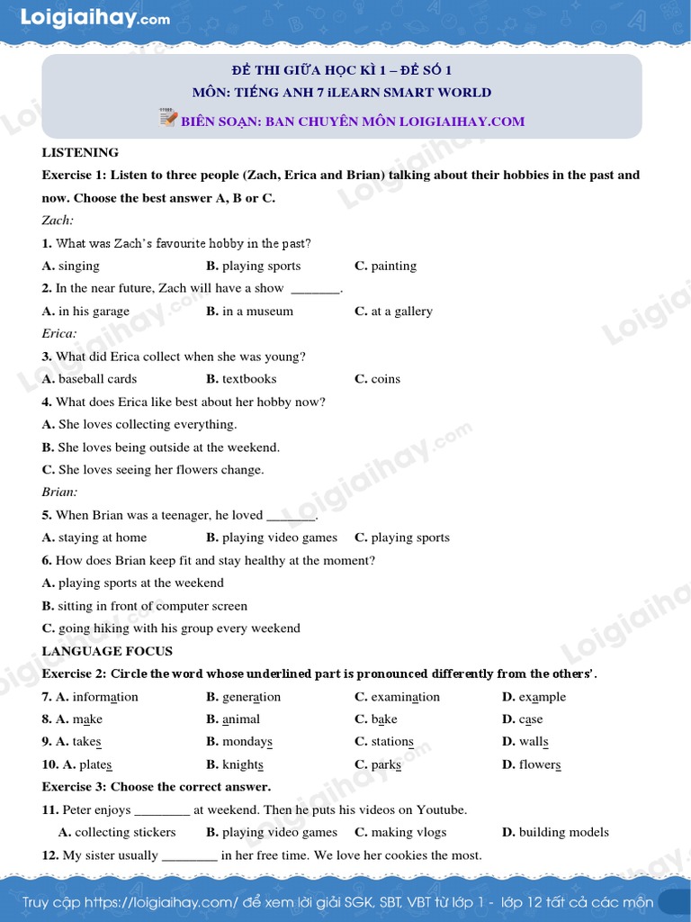 De Thi Giua Ki 1 Tieng Anh 7 Ilearn Smart World de So 1 1664962517 | PDF | Lunch | Food And Drink