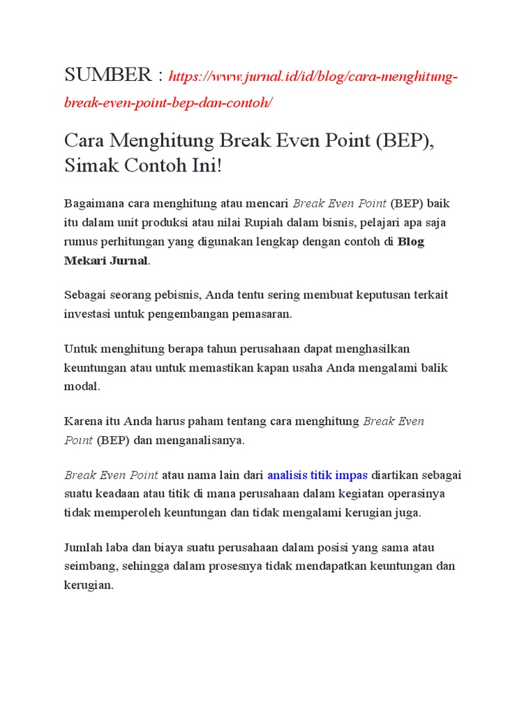 Sumber: Cara Menghitung Break Even Point (BEP), Simak Contoh Ini! | PDF