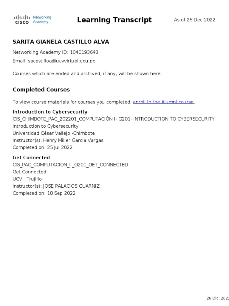 NetAcad Learning Transcript | PDF