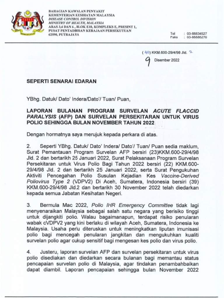 Surat Edaran Laporan Bulanan Survelan Polio Nov 2022 | PDF Surat Edaran Laporan Bulanan Survelan Polio Nov 2022 | PDF
