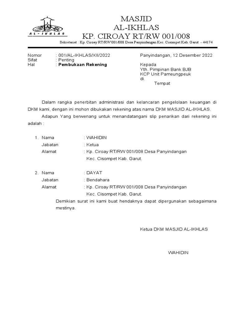 Contoh Surat Permohonan Pembukaan Rekening | PDF