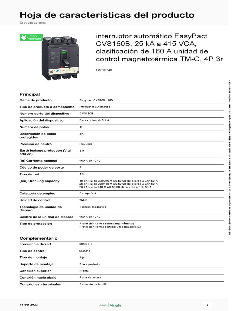Especificaciones EasyPact CVS160B | PDF | Residuos | Ingenieria Eléctrica