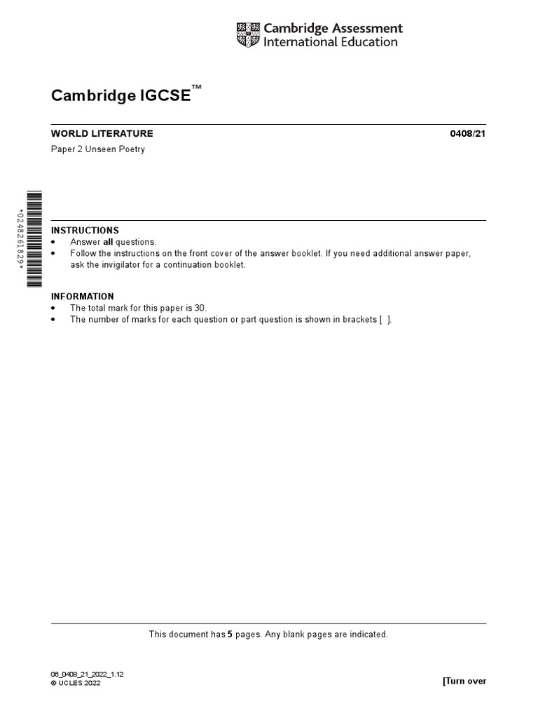 IGCSE 0408 Unseen Poem Questions | PDF
