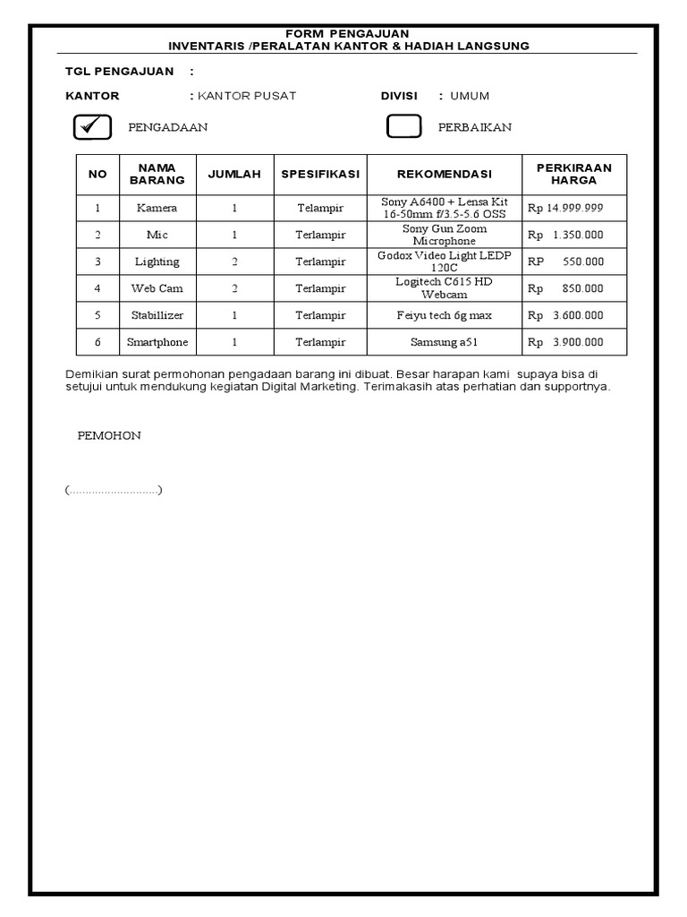 Form Pengajuan Pengadaan Barang Kantor 1 | PDF | Microphone | Computing