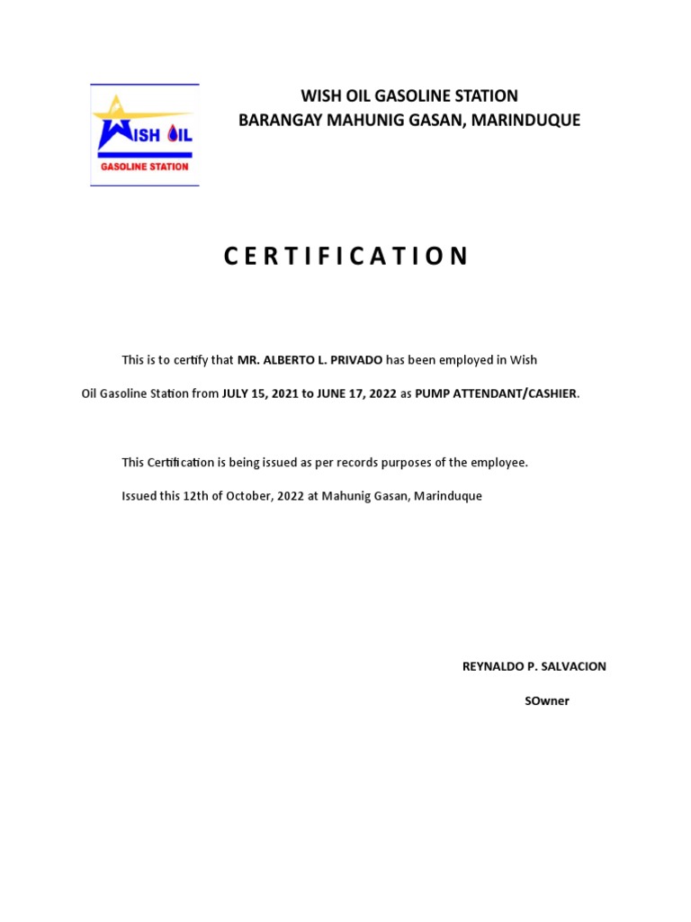 Certification: Wish Oil Gasoline Station Barangay Mahunig Gasan ...