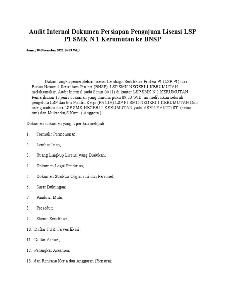 Audit Internal LSP P1 SMK N 1 Kerumutan | PDF | Hukum