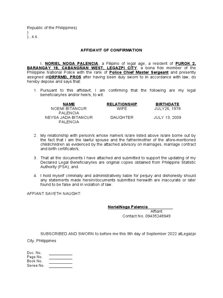 Standard Format Affidavit of Confirmation Aoc FRS NHQ 07 14 2020 | PDF ...