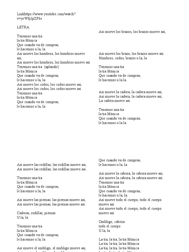 Canción Infantil: La Tía Mónica | PDF