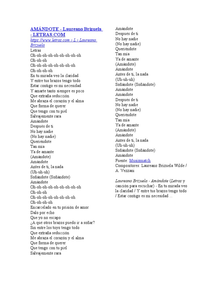 Letra de Cancion Amándote | PDF