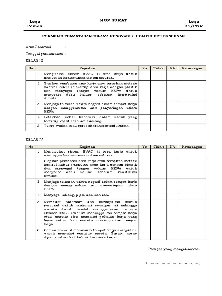 Form IRCA Selama Renovasi | PDF