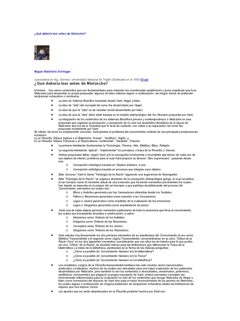 Lecturas previas a Nietzsche: Kant, Hegel y Marx | PDF | Immanuel Kant | Conocimiento