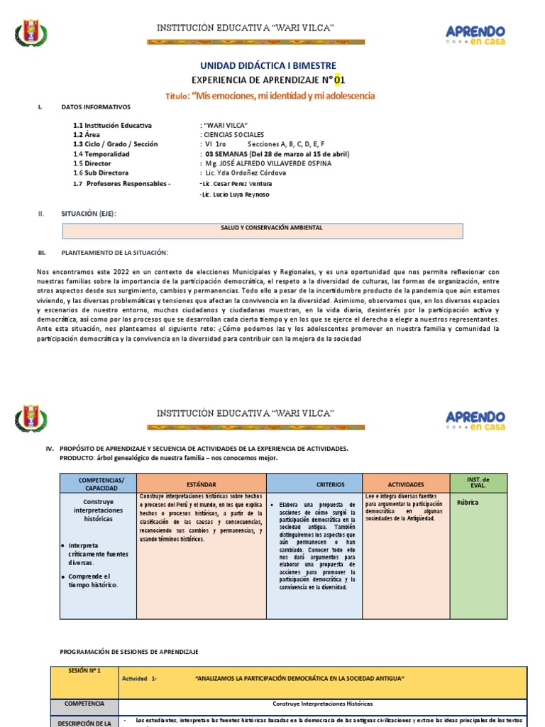 Unidad Didáctica - Experiencia de Aprendizaje 01 CCSS 1oi Bimestre | PDF | Evaluación | Aprendizaje