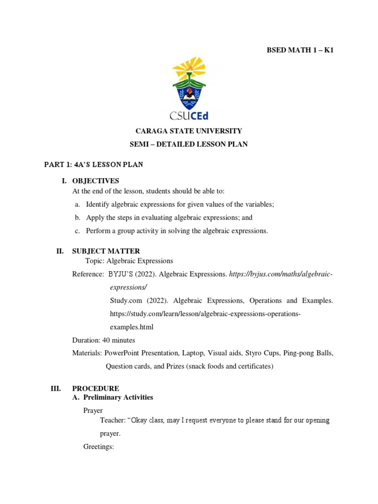 G7 K1 Semi Detailed Lesson Plan | PDF | Mathematics | Variable ...