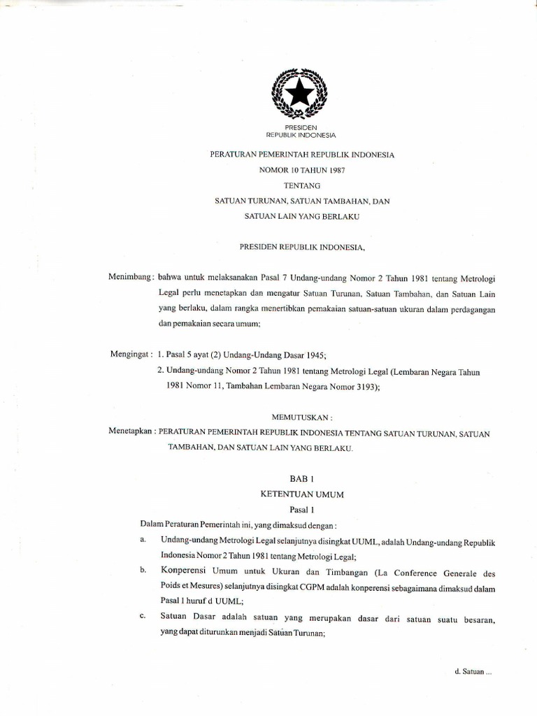 PP No. 10 Tahun 1987 TTG Satuan DLL | PDF