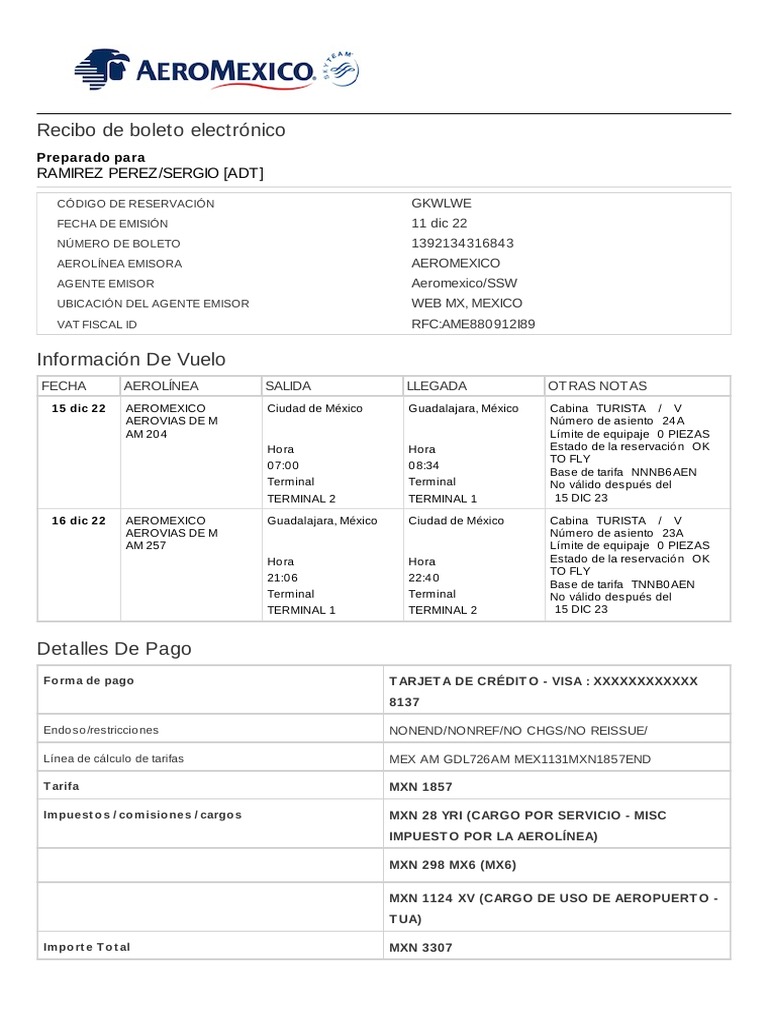 Recibo de Pasaje Electrónico, 15 Diciembre para SERGIO RAMIREZ PEREZ ...