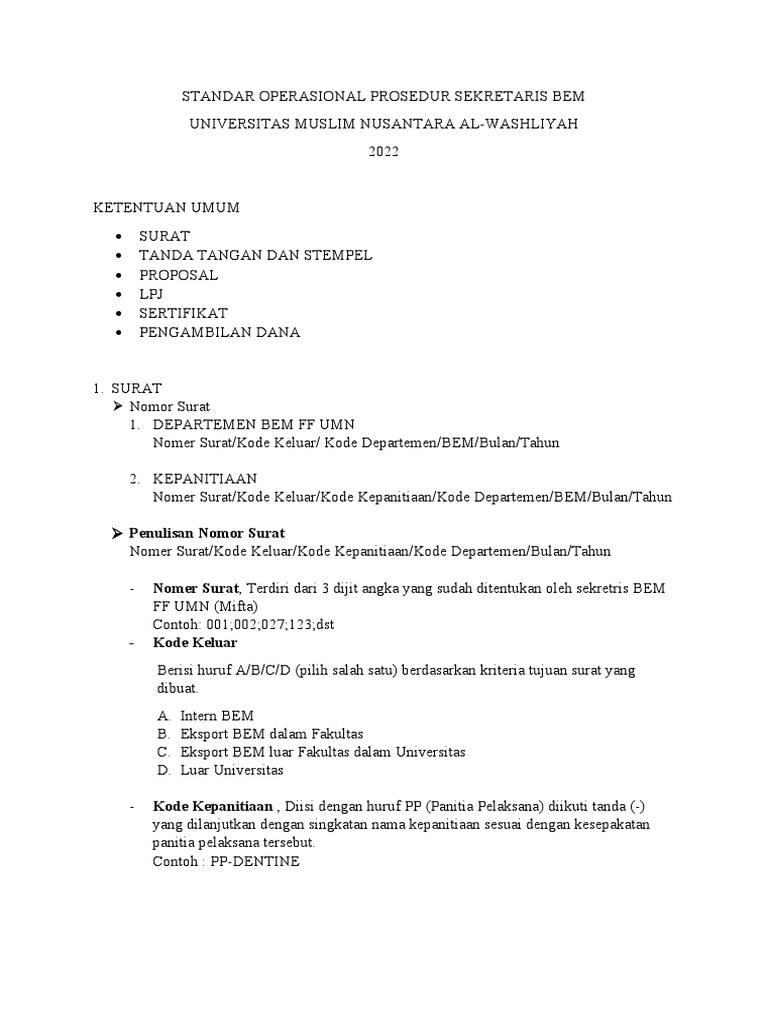 Standar Operasional Prosedur Sekretaris Bem 1 | PDF