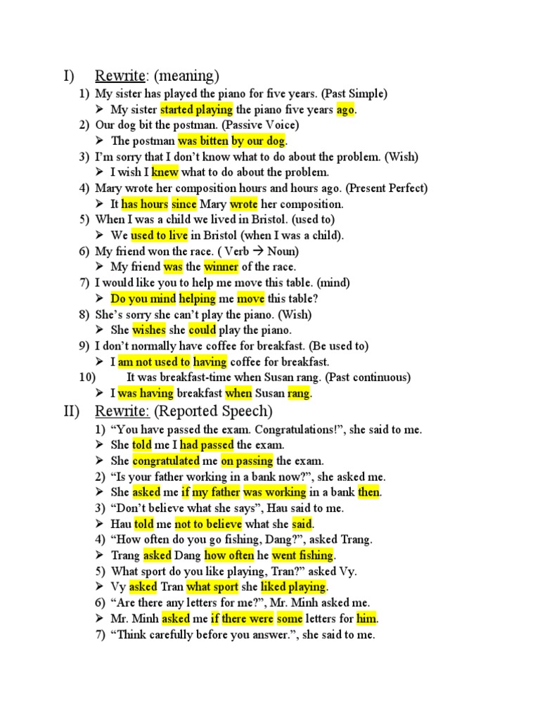 Rewrite The Sentences p3 (Key) | PDF