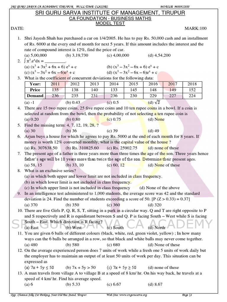 Sample CA Foundation Exam with Solutions: Mathematics and Statistics ...