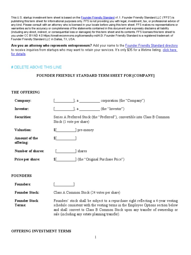 Founder Friendly Standard Term Sheet 20200925a | PDF | Stocks | Dividend