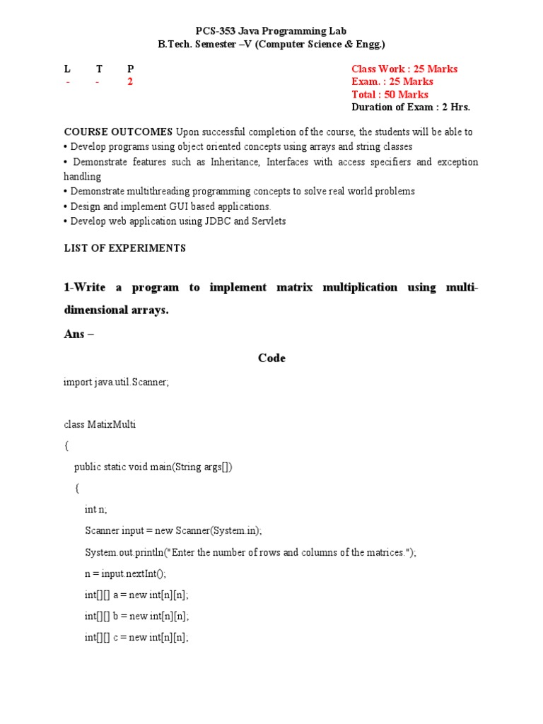 JAVA PROGRAMMING LAB (PCS-353) (Pranav - Aggarwal) | PDF | Object Oriented Programming ...