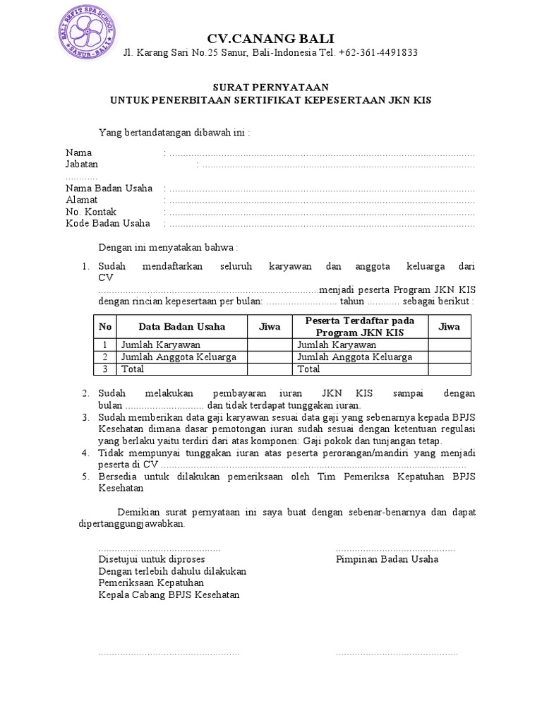 Surat Pernyataan Sertifikat Kepesertaan JKN Kis | PDF