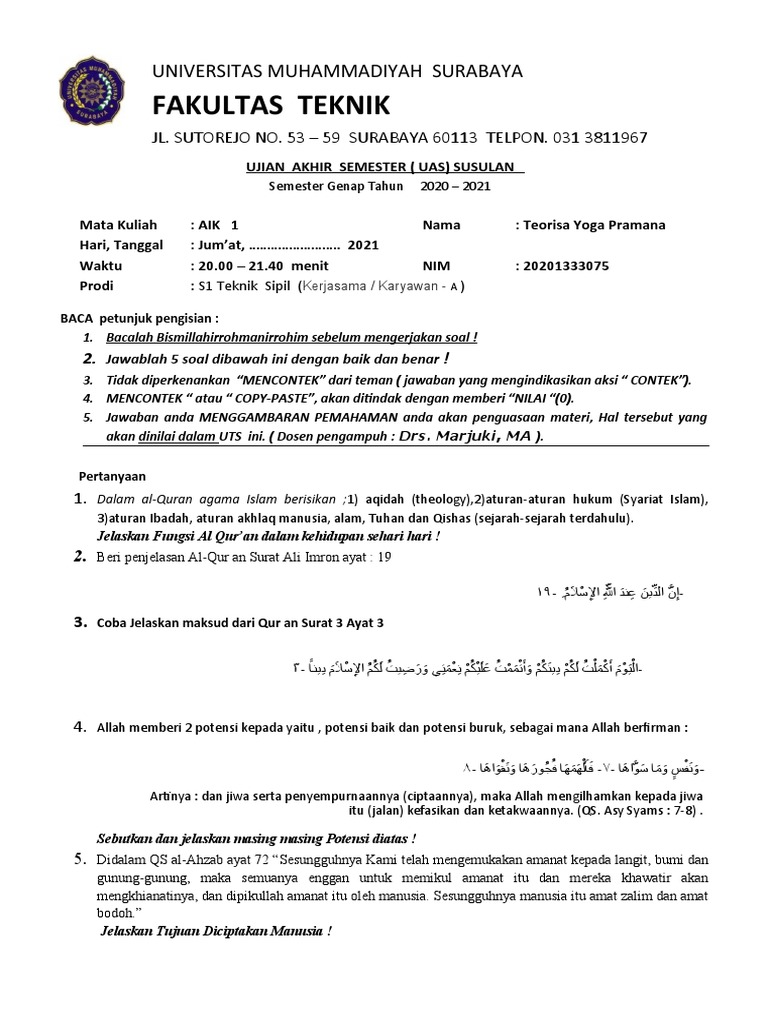 UAS AIK 1 S1 TEKNIK Sipil (Kerjasama - Karyawan A) TEORISA YOGA PRAMANA | PDF