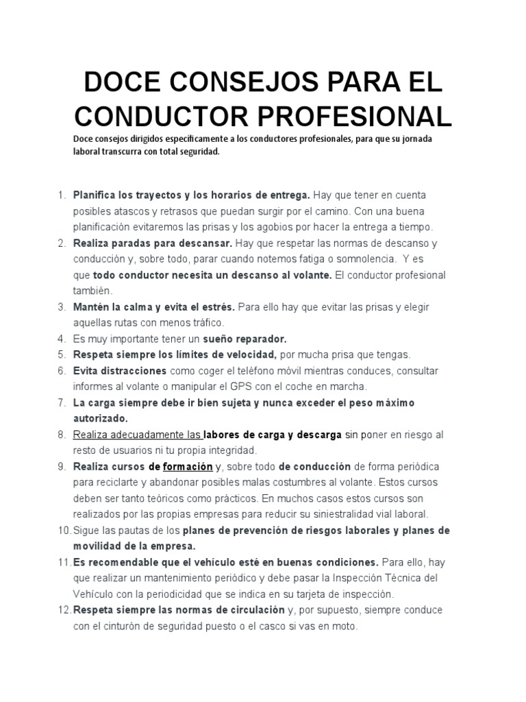 Doce Consejos para El Conductor Profesional | PDF