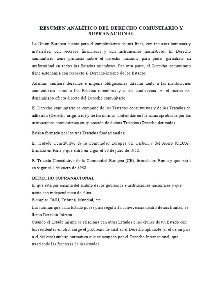 Resumen Analítico Del Derecho Comunitario y Supranacional | PDF | Ley de la Unión Europea ...