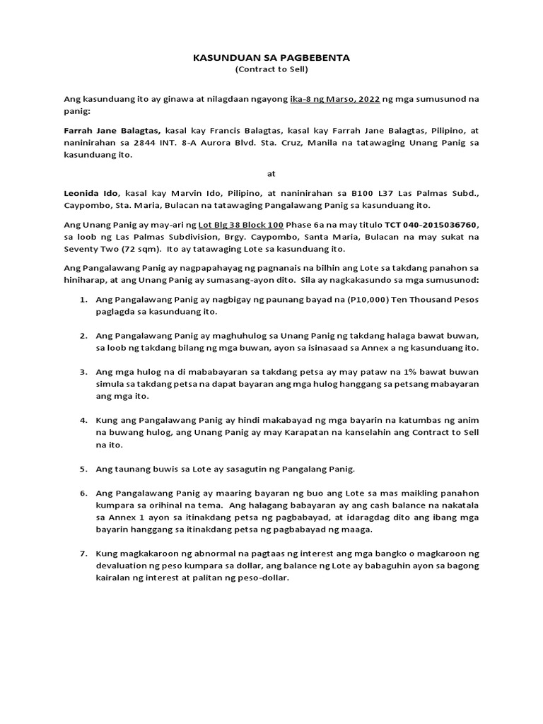 Kasunduan Sa Pagbebenta - Contract To Sell (Tagalog) | PDF