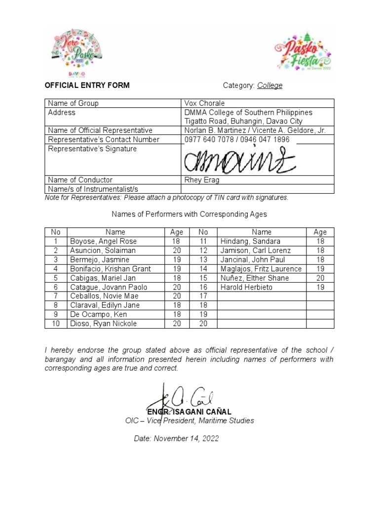 DMMA College Choir Entry Form | PDF